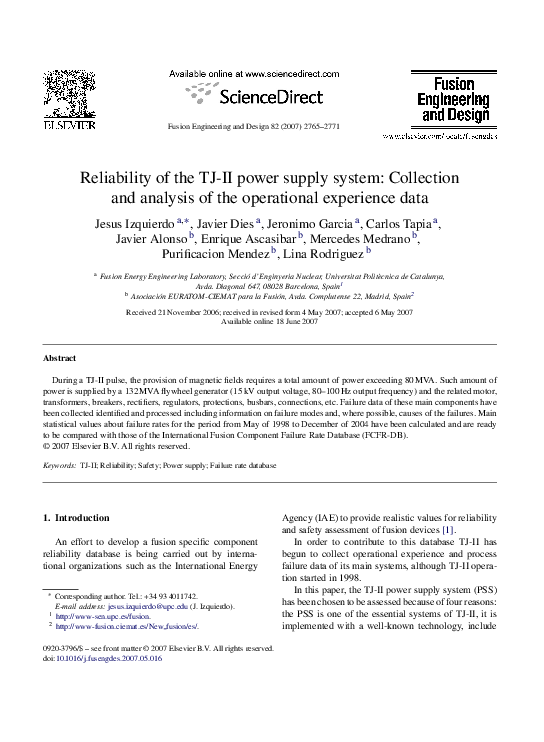 (PDF) Reliability of the TJ-II power supply system: Collection and analysis of the operational ...