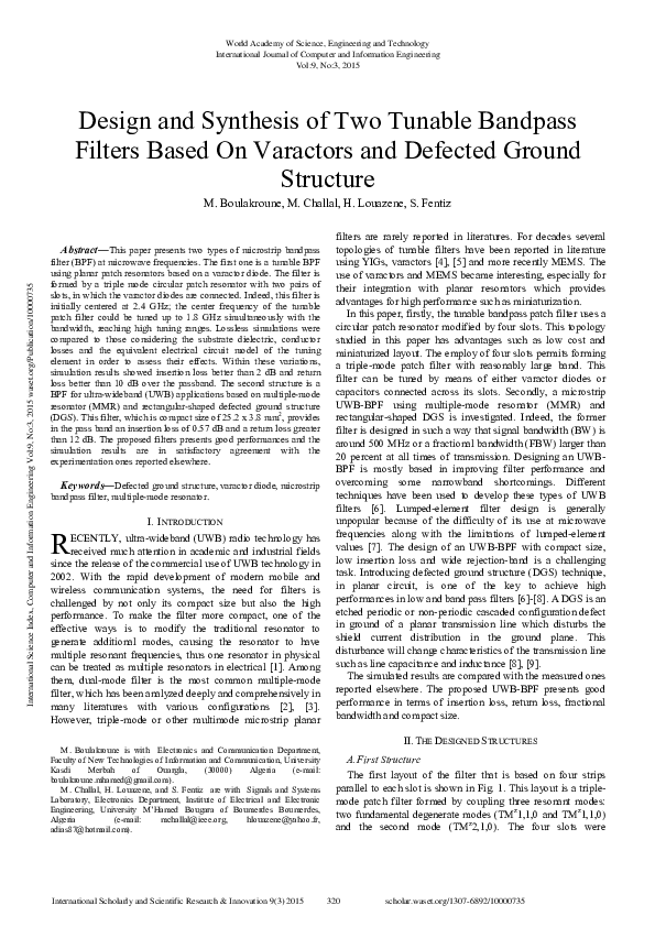 (PDF) Design And Synthesis Of Two Tunable Bandpass Filters Based On Varactors And Defected ...