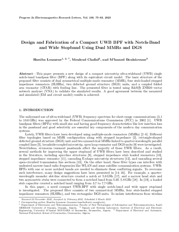 (PDF) Design and Fabrication of a Compact UWB BPF with Notch-band and Wide Stopband Using Dual ...