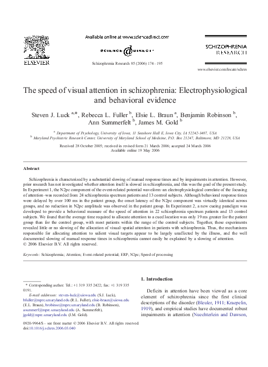 (PDF) The speed of visual attention in schizophrenia: Electrophysiological and behavioral ...