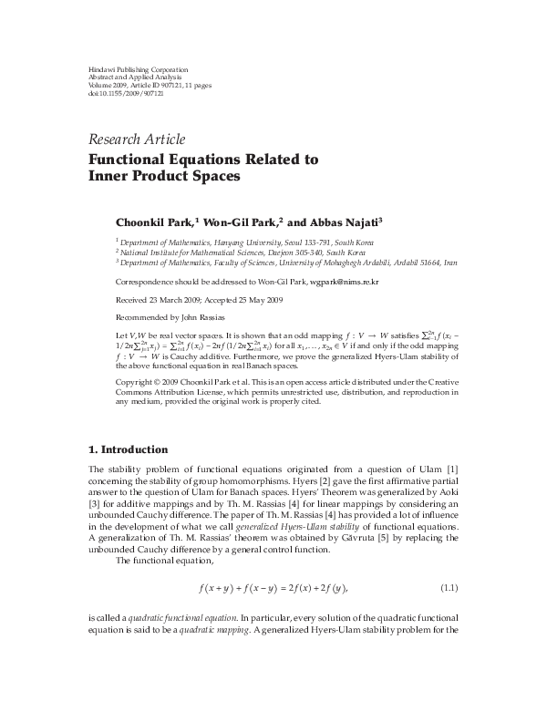 (PDF) Functional Equations Related to Inner Product Spaces