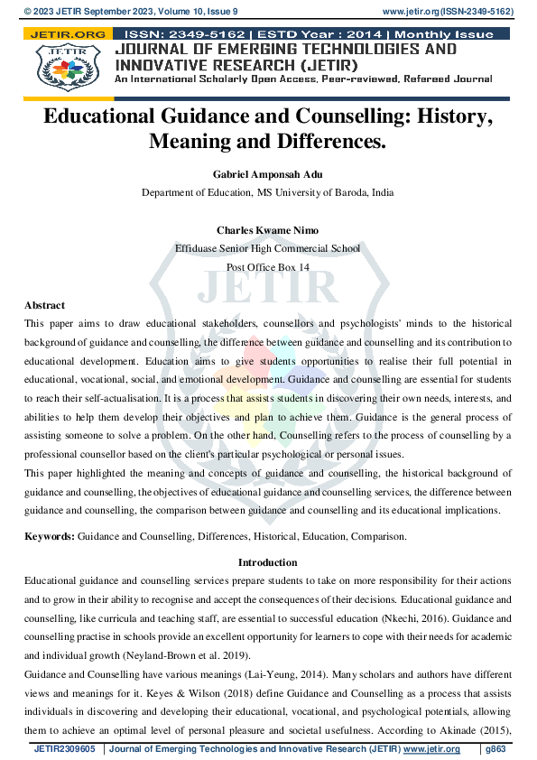 (PDF) Educational Guidance and Counselling: History, Meaning and ...