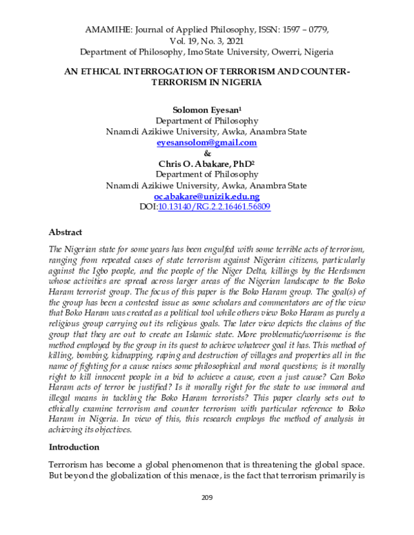 (PDF) AN ETHICAL INTERROGATION OF TERRORISM AND COUNTER-TERRORISM IN ...