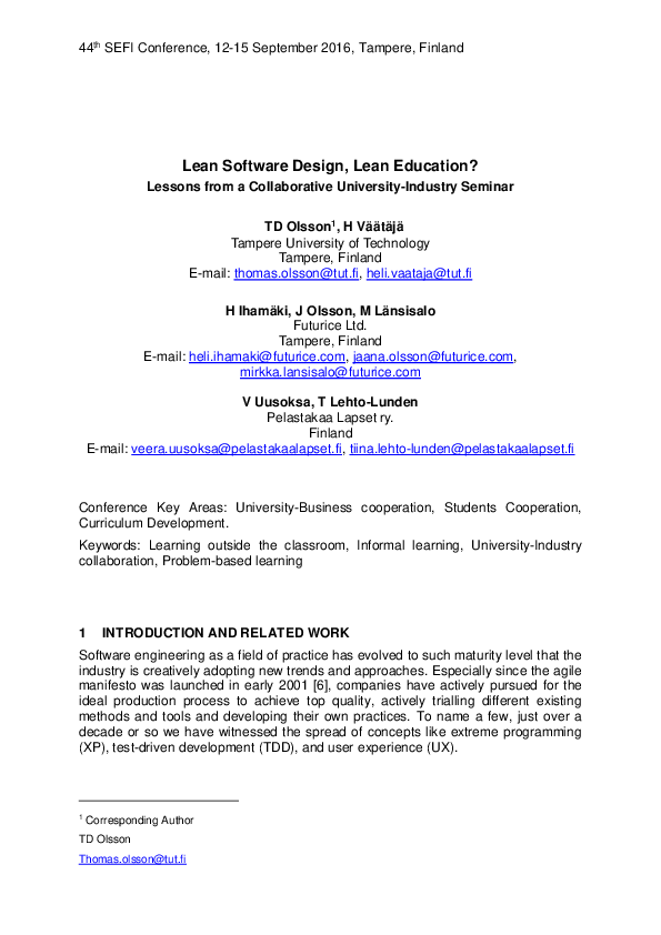(PDF) Lean Software Design , Lean Education