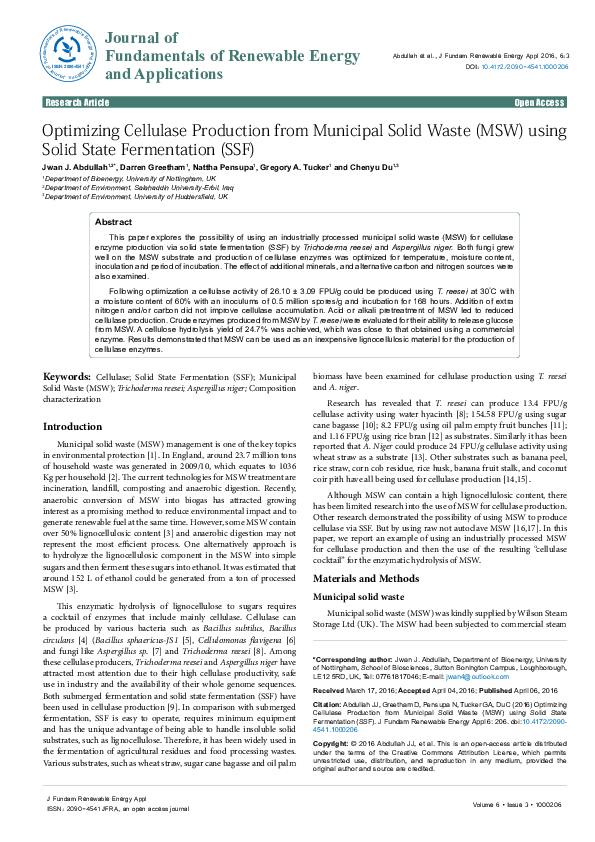 (PDF) Optimizing Cellulase Production from Municipal Solid Waste (MSW ...