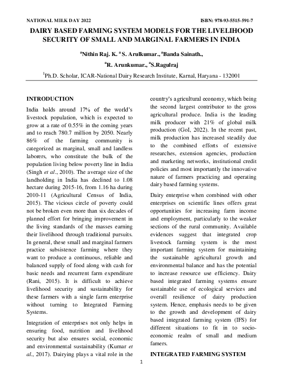 (PDF) DAIRY BASED FARMING SYSTEM MODELS FOR THE LIVELIHOOD SECURITY OF ...