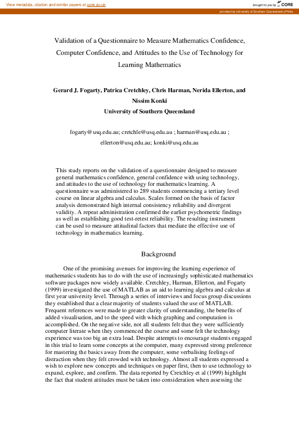 (PDF) Attitudes to Technology in Mathematics Learning Questionnaire