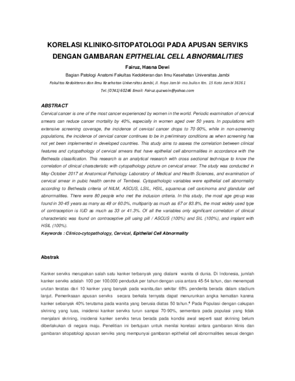 (PDF) Korelasi Kliniko-Sitopatologi Pada Apusan Serviks Dengan Gambaran ...