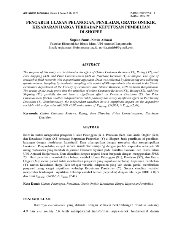 (PDF) Pengaruh Ulasan Pelanggan, Penilaian, Gratis Ongkir, Kesadaran Harga Terhadap Keputusan ...