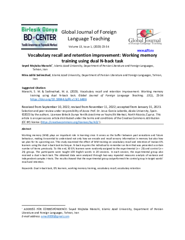 (PDF) Vocabulary recall and retention improvement: Working memory ...