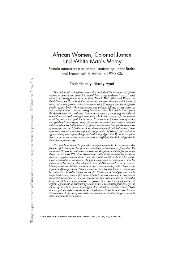 (PDF) African Women, Colonial Justice and White Man's Mercy. Female ...