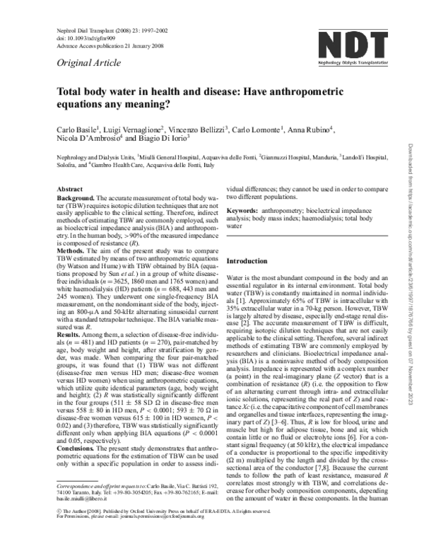 (PDF) Total body water in health and disease: Have anthropometric ...