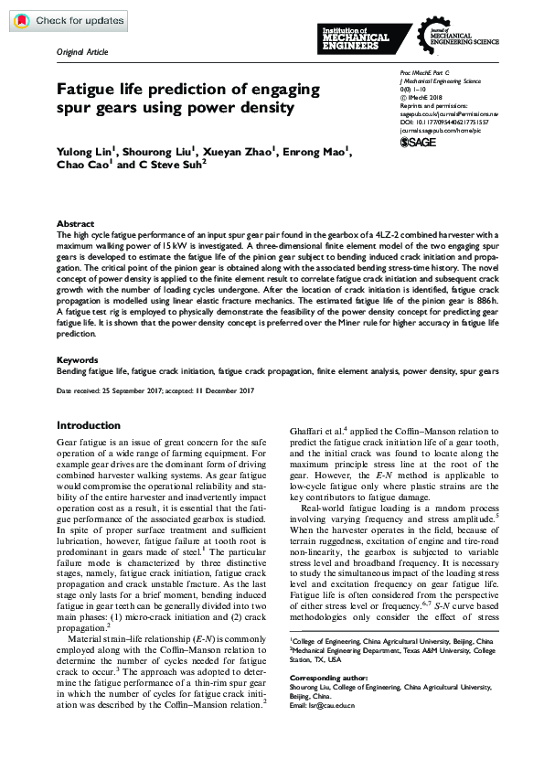 (PDF) Fatigue life prediction of engaging spur gears using power density
