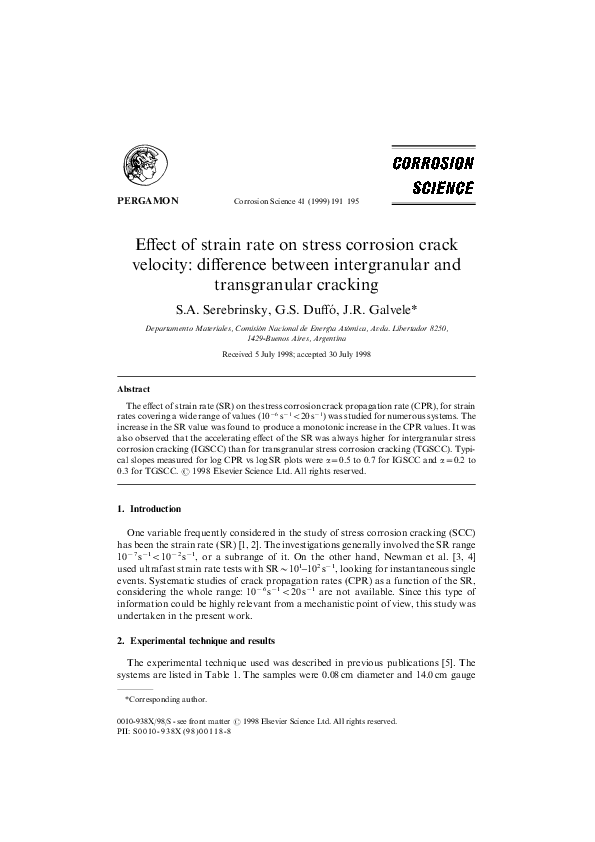 Pdf Effect Of Strain Rate On Stress Corrosion Crack Velocity Difference Between Intergranular