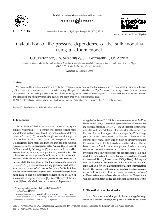 Pdf Calculation Of The Pressure Dependence Of The Bulk Modulus Using
