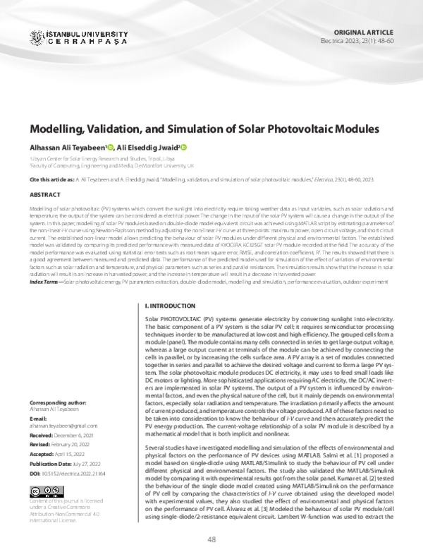 (PDF) Modelling, Validation, and Simulation of Solar Photovoltaic Modules