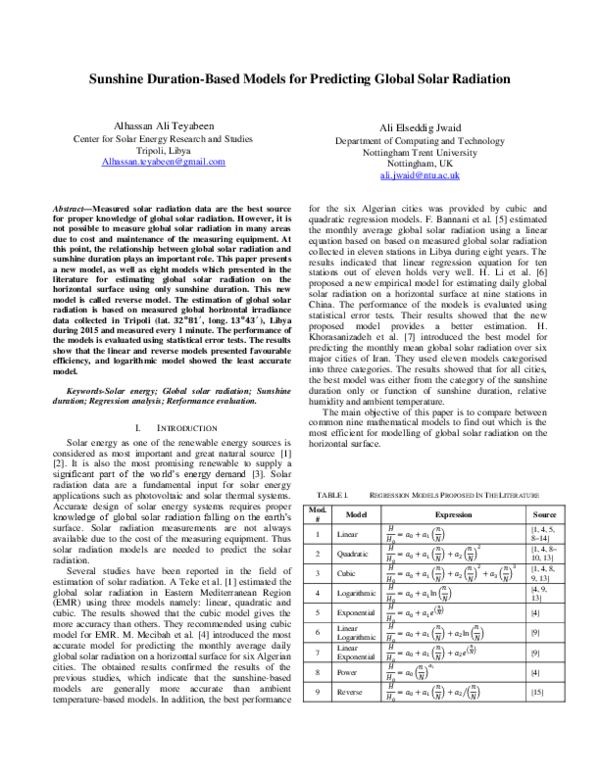 (PDF) Sunshine Duration-Based Models for Predicting Global Solar ...