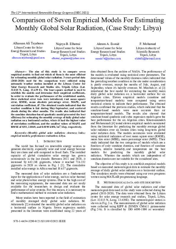Pdf Comparison Of Seven Empirical Models For Estimating Monthly Global Solar Radiation Case