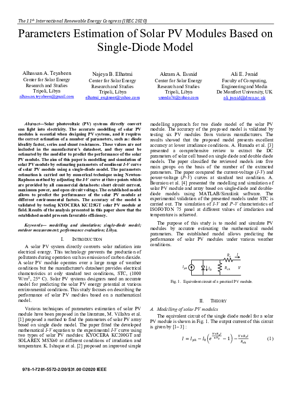 Pdf Parameters Estimation Of Solar Pv Modules Based On Single Diode Model