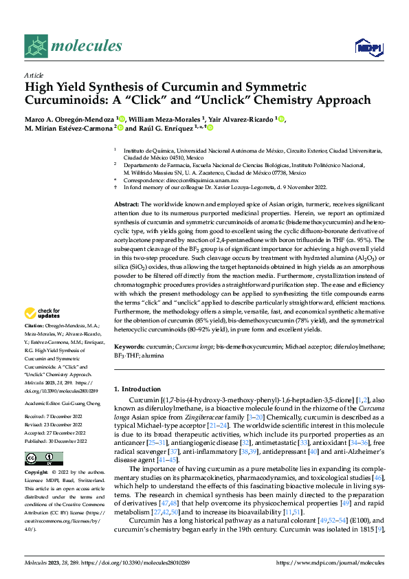 (PDF) High Yield Synthesis of Curcumin and Symmetric Curcuminoids: A “Click” and “Unclick ...