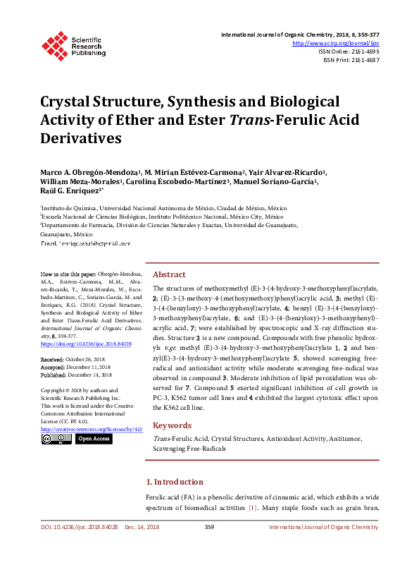 (PDF) Crystal Structure, Synthesis and Biological Activity of Ether and Ester Trans -Ferulic ...