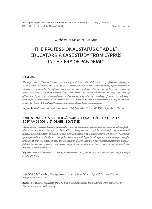 (PDF) THE PROFESSIONAL STATUS OF ADULT EDUCATORS: A CASE STUDY FROM CYPRUS IN THE ERA OF PANDEMIC
