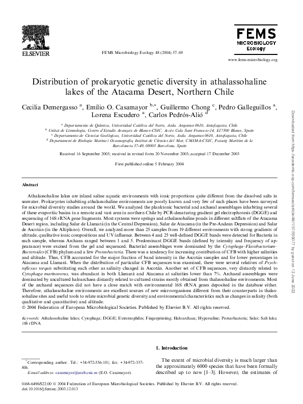(PDF) Distribution of prokaryotic genetic diversity in athalassohaline lakes of the Atacama ...