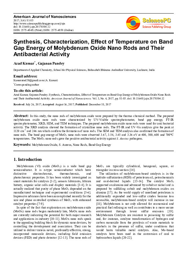 Pdf Synthesis Characterization Effect Of Temperature On Band Gap