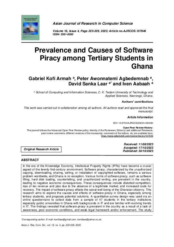 (PDF) Prevalence and Causes of Software Piracy among Tertiary Students in Ghana