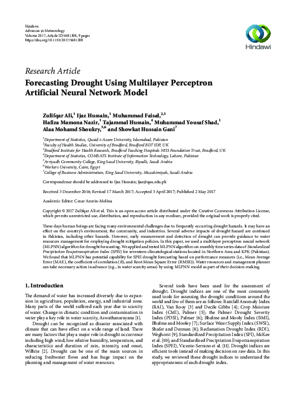 Pdf Forecasting Drought Using Multilayer Perceptron Artificial Neural Network Model