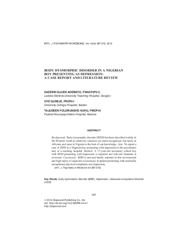 (PDF) Body Dysmorphic Disorder in a Nigerian Boy Presenting as ...