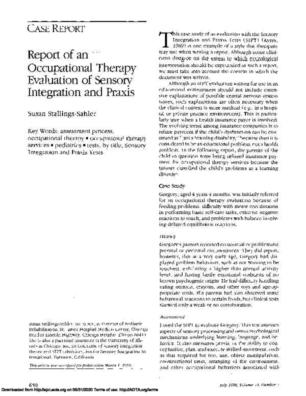 (PDF) Report of an Occupational Therapy Evaluation of Sensory ...