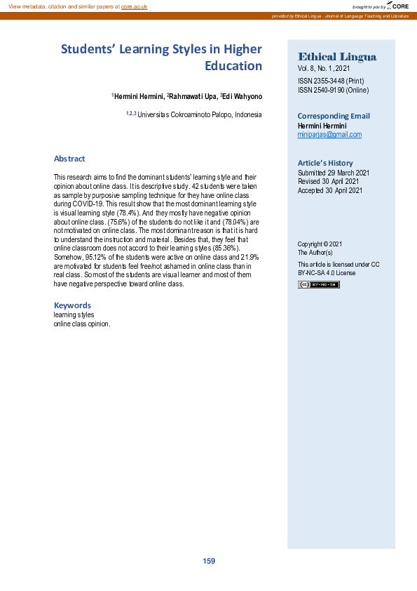 (PDF) Students’ Learning Styles in Higher Education