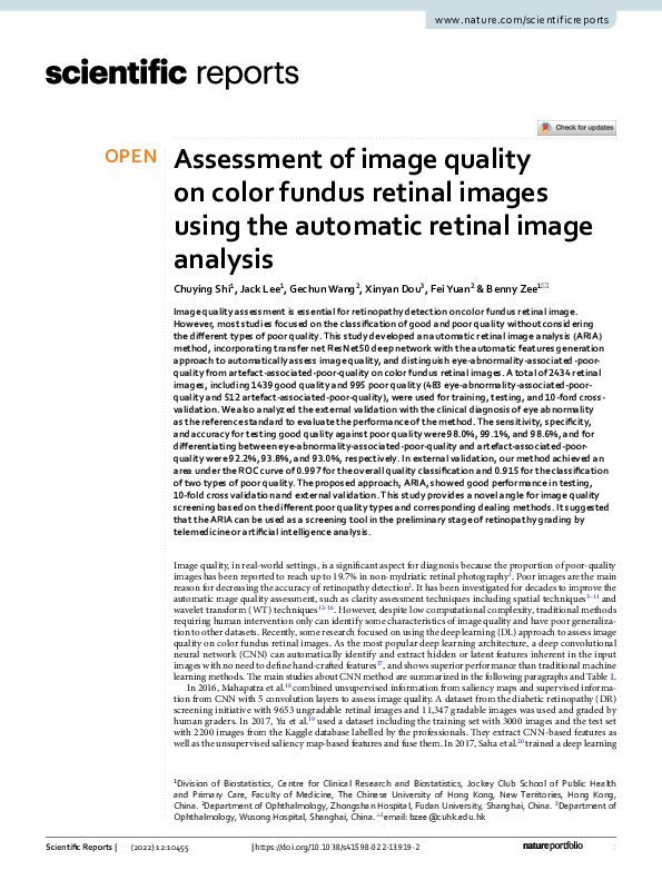(PDF) Assessment of image quality on color fundus retinal images using the automatic retinal ...