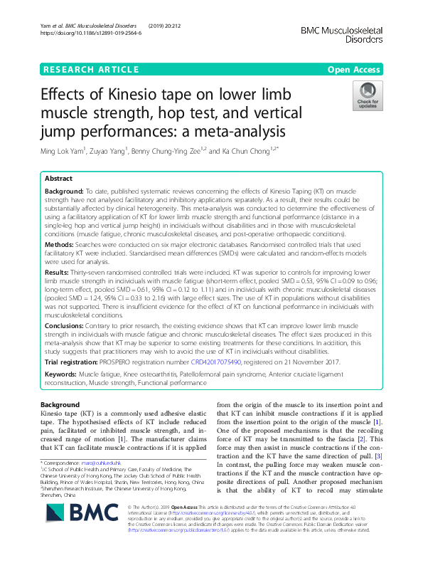 (PDF) Effects of Kinesio tape on lower limb muscle strength, hop test ...