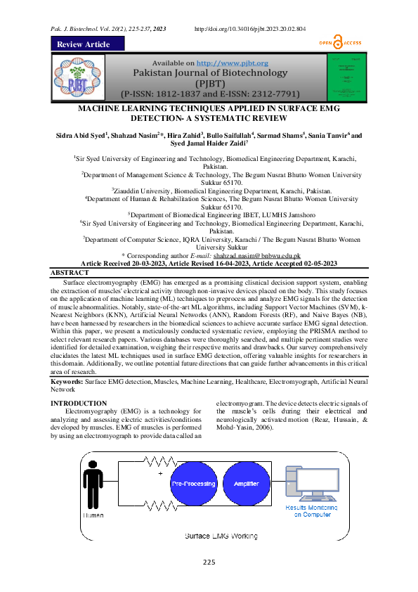 (PDF) Machine Learning Techniques Applied in Surface Emg Detection- a Systematic Review