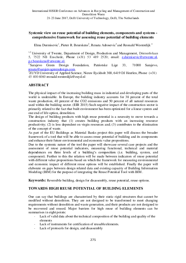 (PDF) Systemic view on reuse potential of building elements, components and systems ...