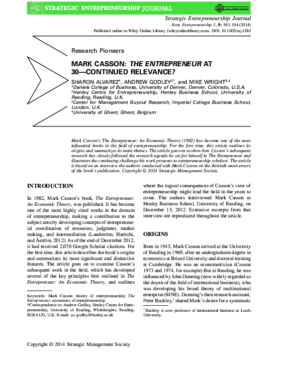 (PDF) Mark Casson:The Entrepreneurat 30-Continued Relevance?