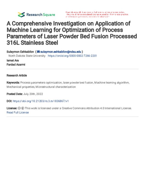 (PDF) A Comprehensive Investigation on Application of Machine Learning for Optimization of ...