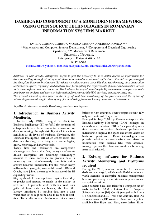 (PDF) Dashboard Component of a Monitoring Framework Using Open Source Technologies in Romanian ...