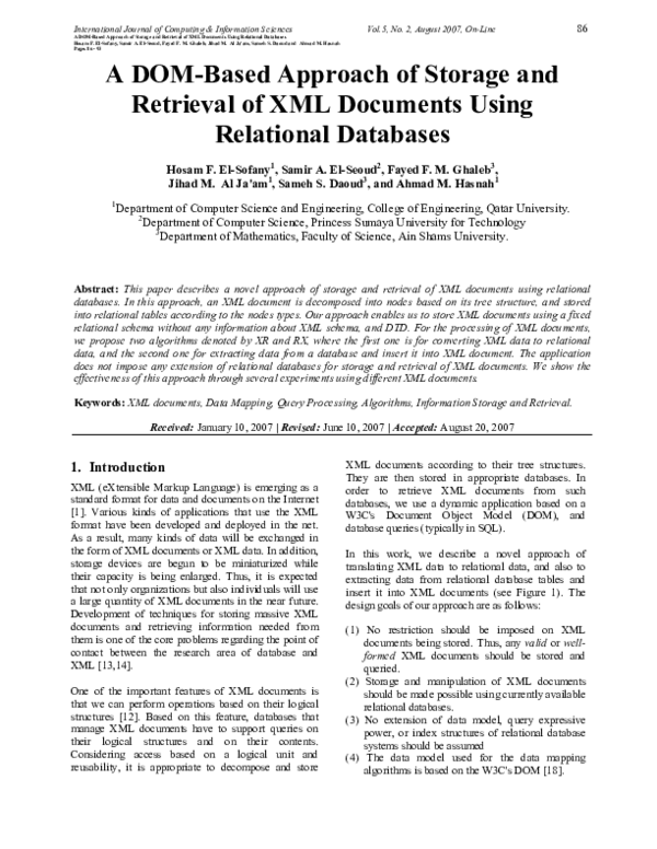 Pdf A Dom Based Approach Of Storage And Retrieval Of Xml Documents Using Relational Databases