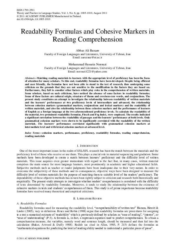 (PDF) Readability Formulas and Cohesive Markers in Reading Comprehension