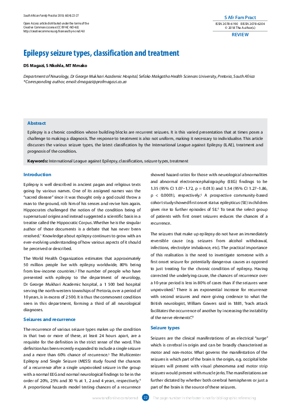 (PDF) Epilepsy seizure types, classification and treatment