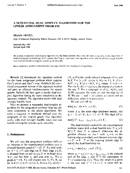 (PDF) A sequential dual simplex algorithm for the linear assignment problem | Mustafa akgül ...
