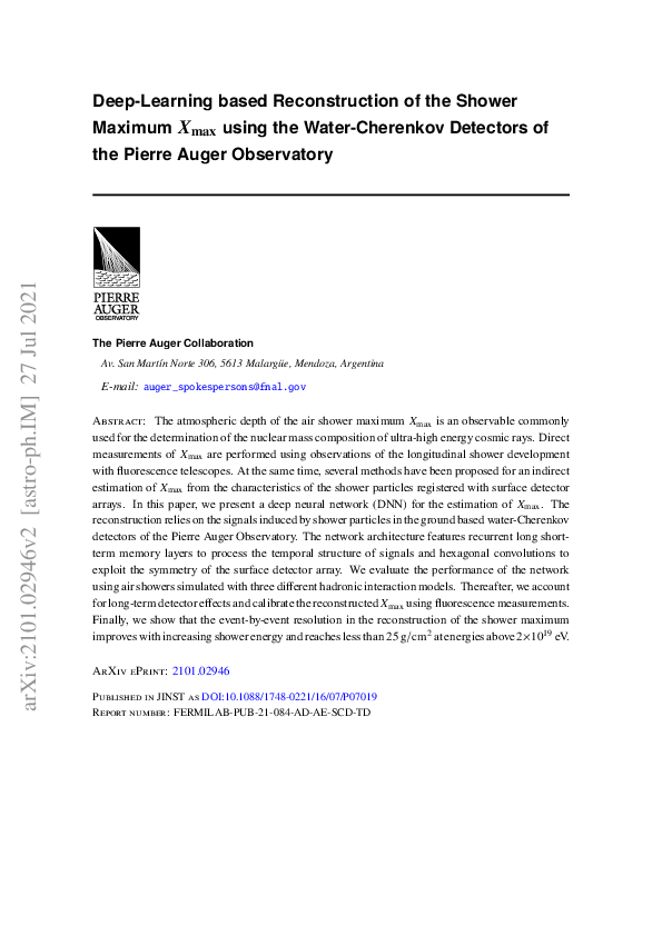 Pdf Deep Learning Based Reconstruction Of The Shower Maximum X Max Using The Water Cherenkov