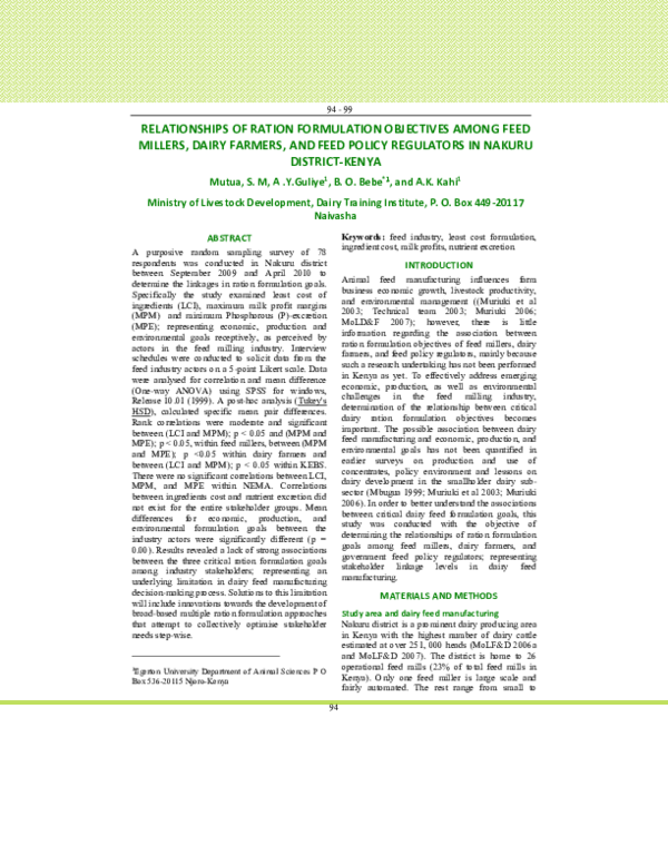 (PDF) Relationships of ration formulation objectives among feed millers, dairy farmers, and feed ...