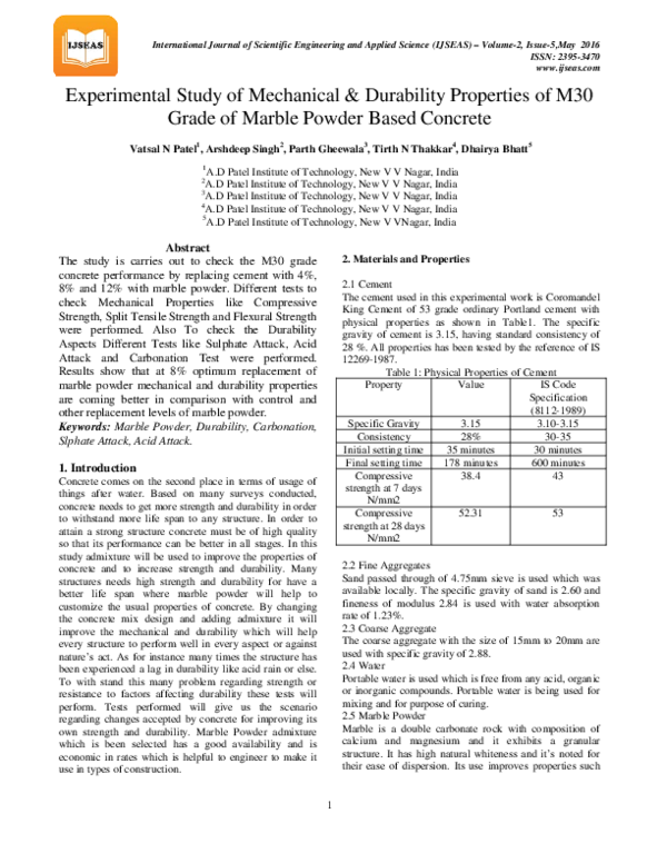 (PDF) Experimental Study of Mechanical & Durability Properties of M30 Grade of Marble Powder ...