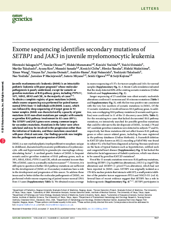 (PDF) Exome sequencing identifies secondary mutations of SETBP1 and JAK3 in juvenile ...