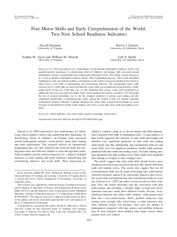 (PDF) Fine motor skills and early comprehension of the world: Two new school readiness indicators