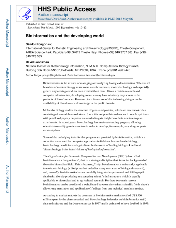(PDF) Bioinformatics and the developing world